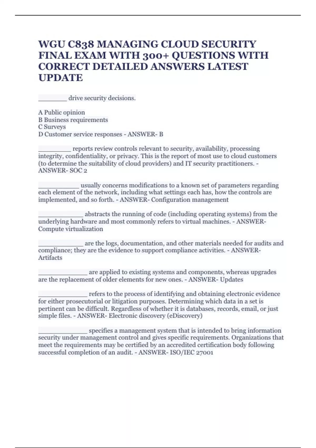 WGU C838 MANAGING CLOUD SECURITY FINAL EXAM WITH 300+ QUESTIONS WITH CORRECT DETAILED ANSWERS ...