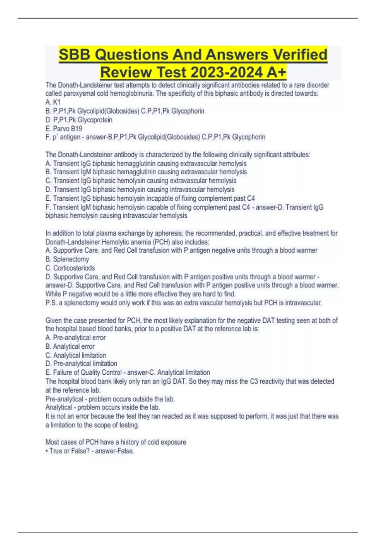 SBB Questions And Answers Verified Review Test A+ - SBB - Stuvia US