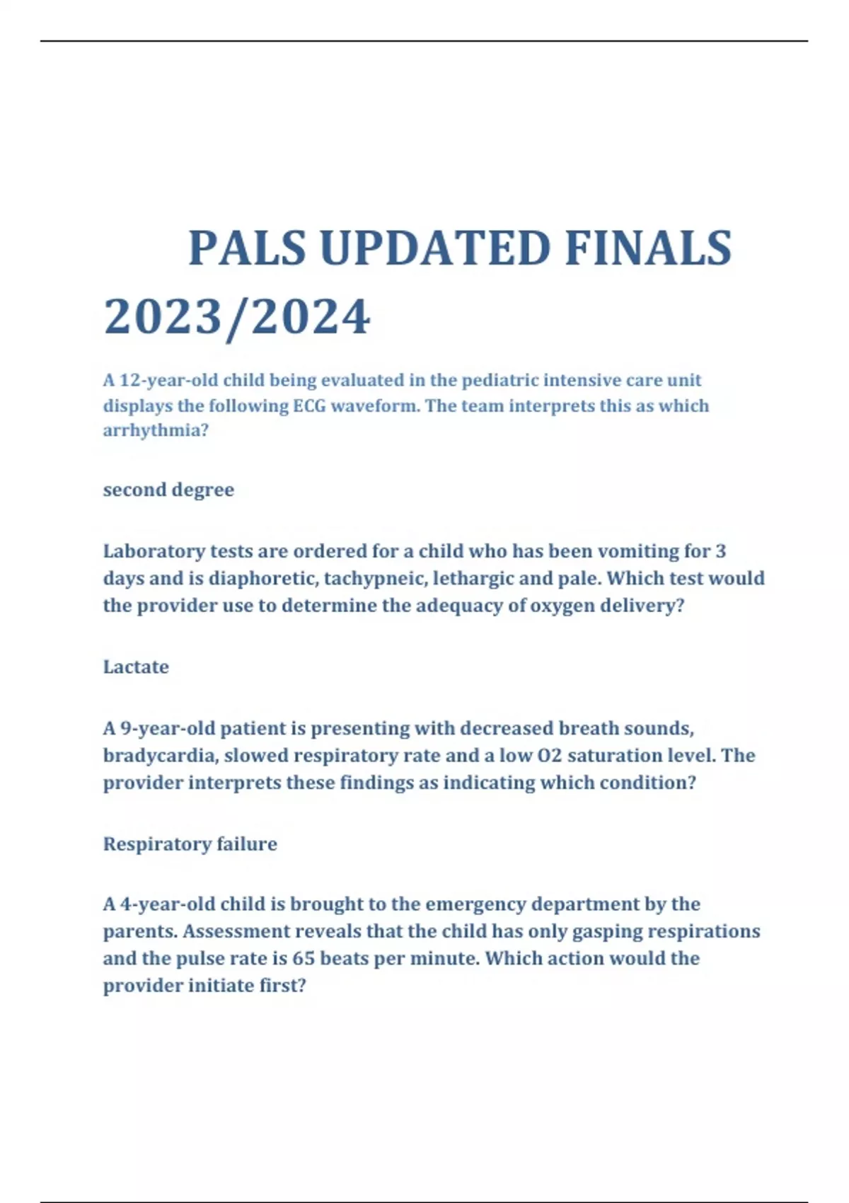PALS UPDATED FINALS 2023/2024 questions and answers - PALS UPDATED ...