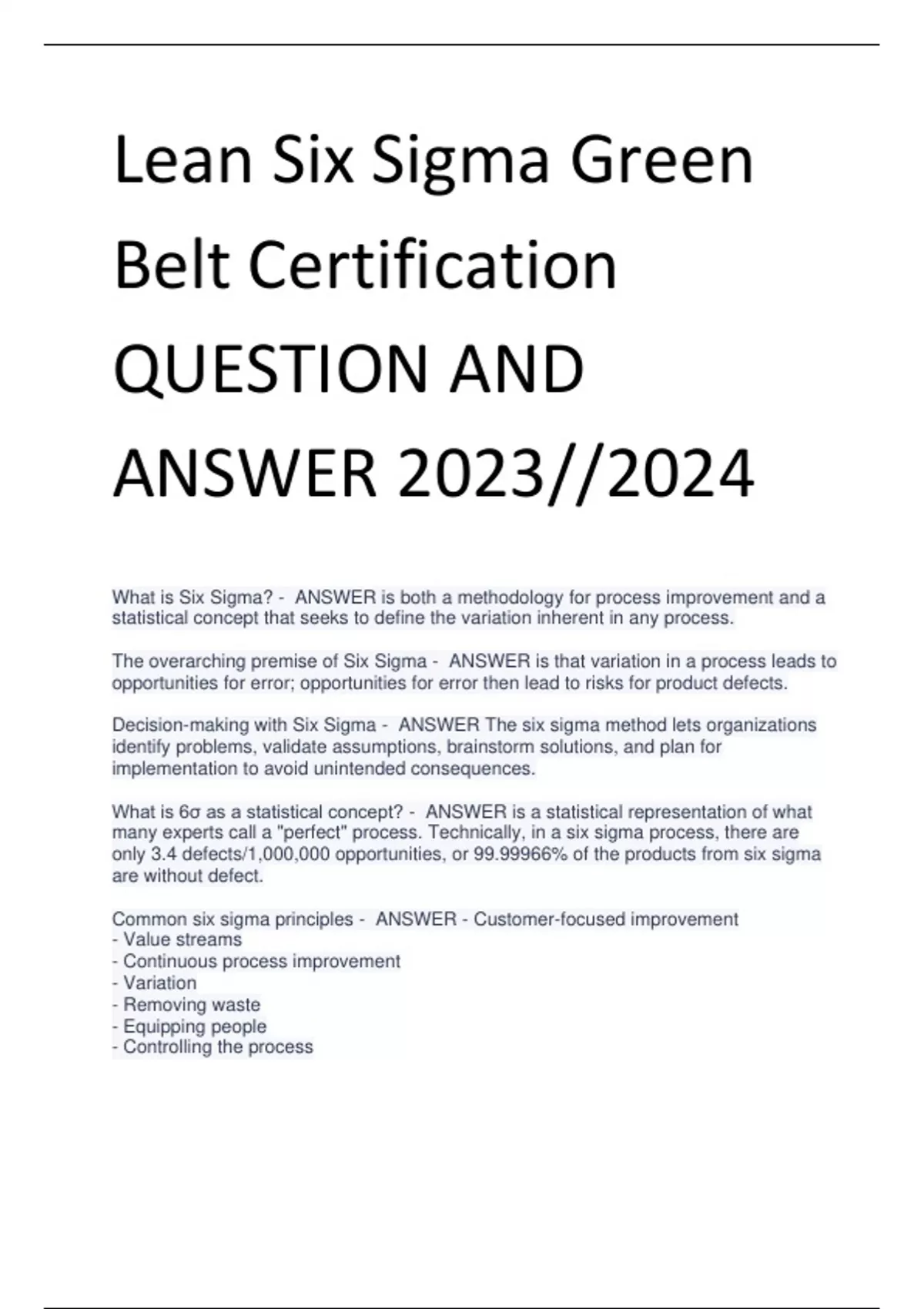 Lean Six Sigma Green Belt Certification QUESTION AND ANSWER 2023//2024 ...
