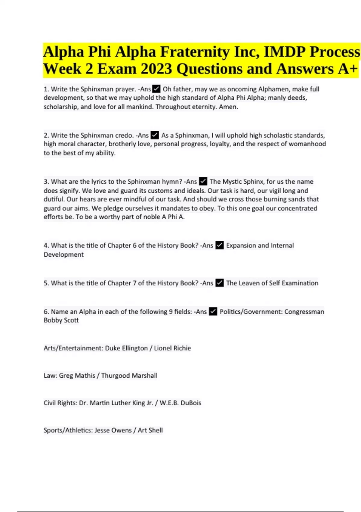 Alpha Phi Alpha Fraternity Inc, IMDP Process Week 2 Exam 2023 Questions ...