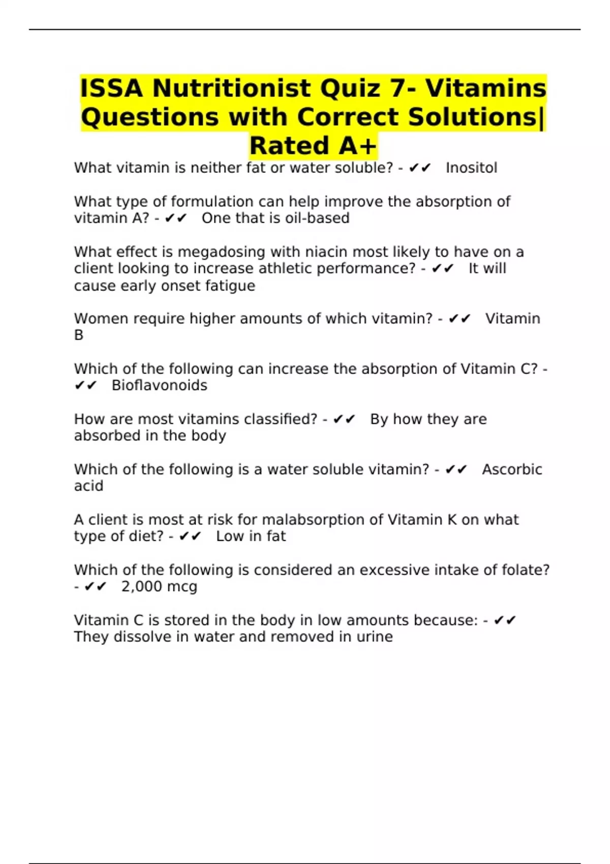 ISSA Nutritionist Quiz 7- Vitamins Questions with Correct Solutions ...
