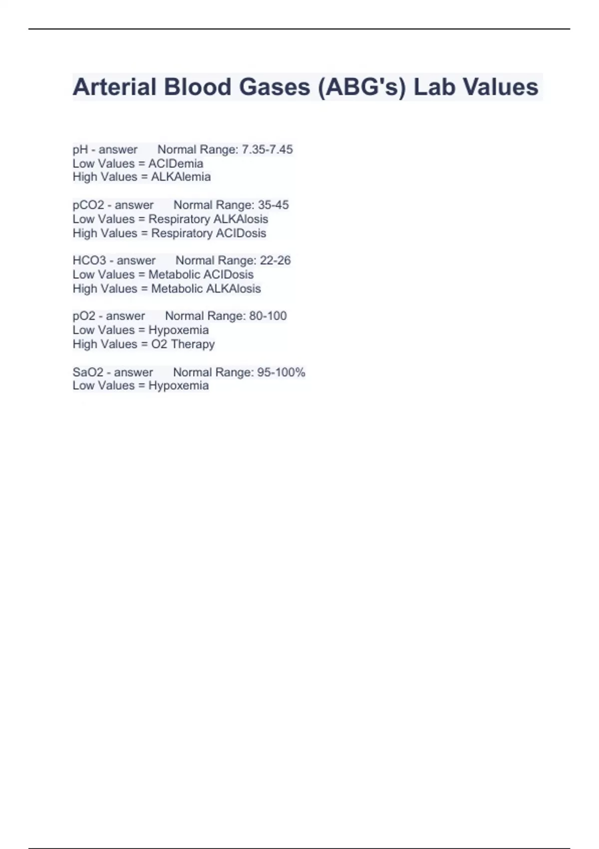 Arterial Blood Gases Questions and Answers 100% Accurate - ABG - Stuvia US