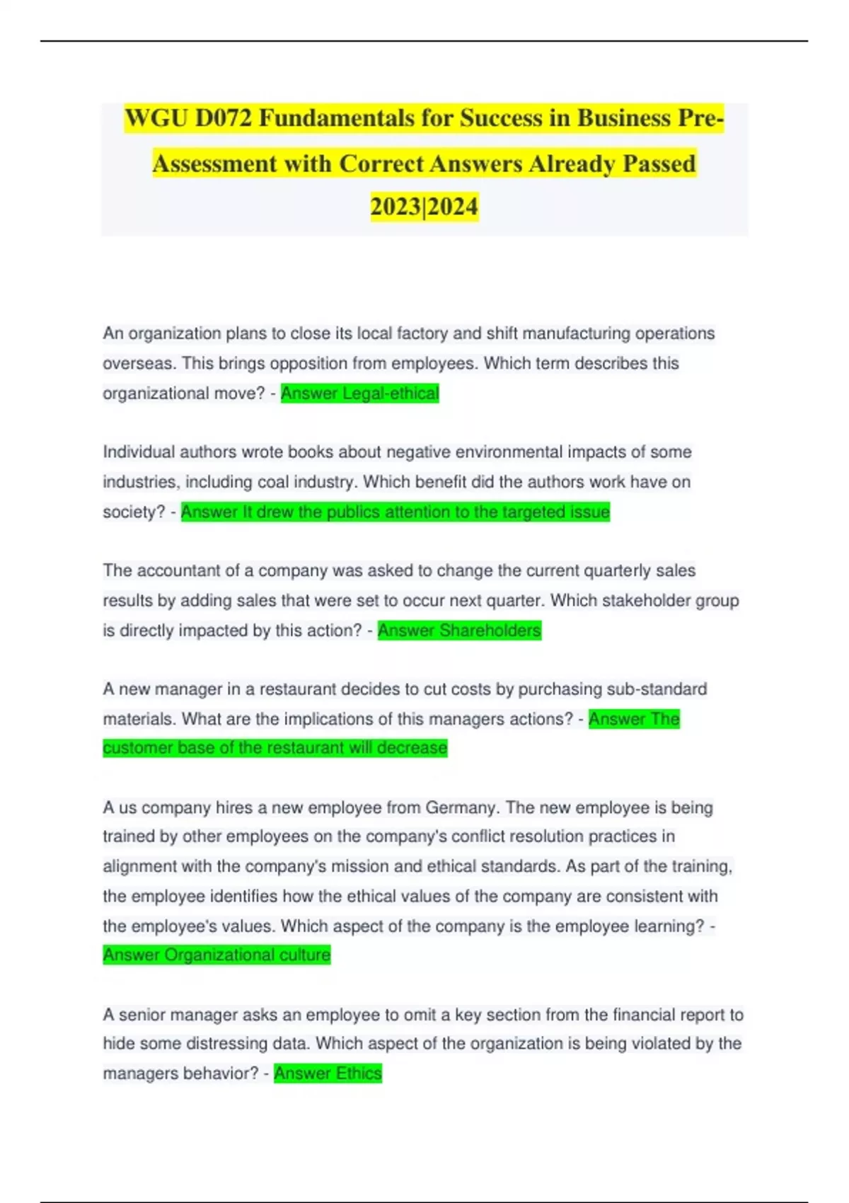 WGU D072 Fundamentals for Success in Business Pre- Assessment with ...