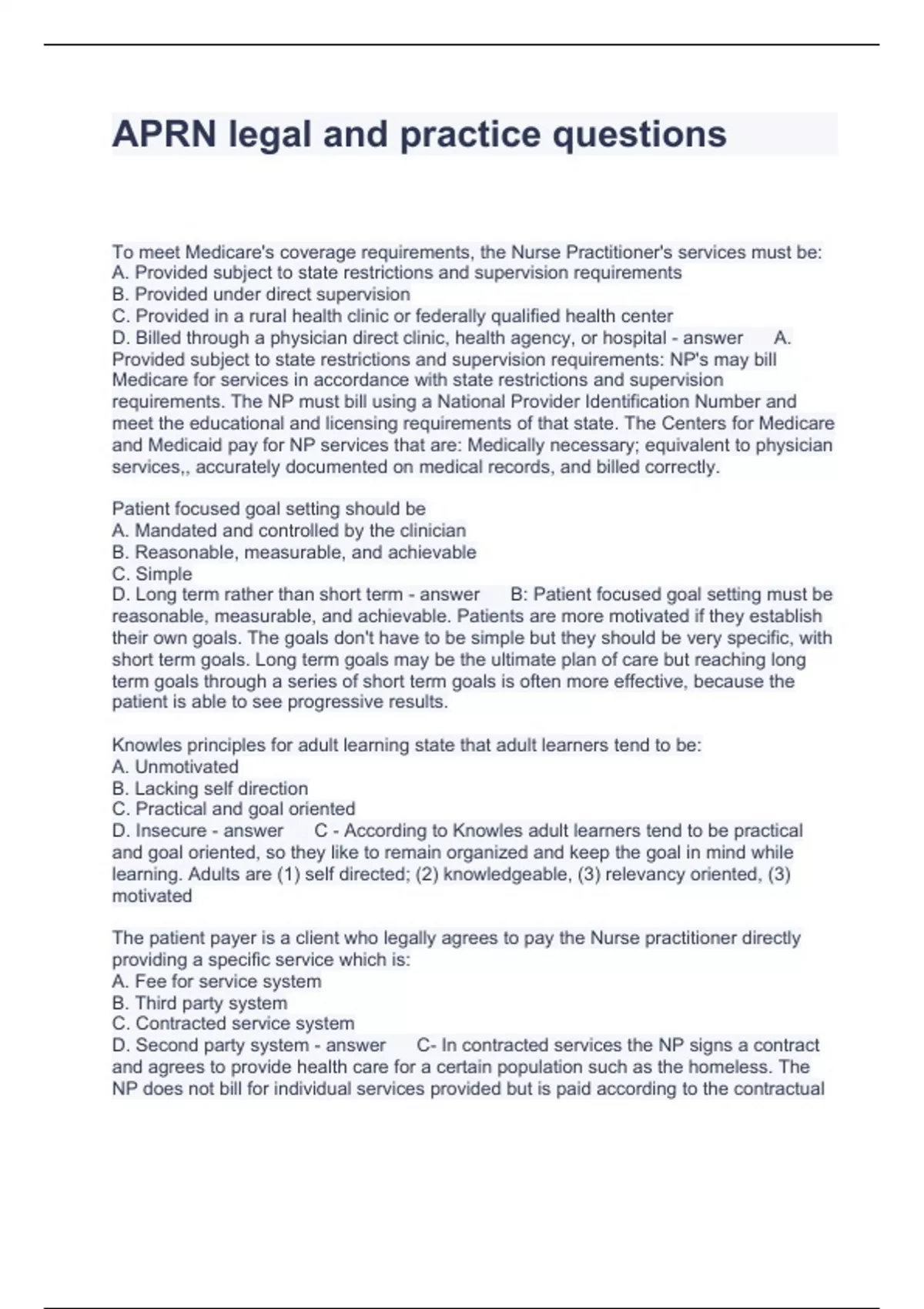 APRN legal and practice questions with correct answers 2023 - APRN ...