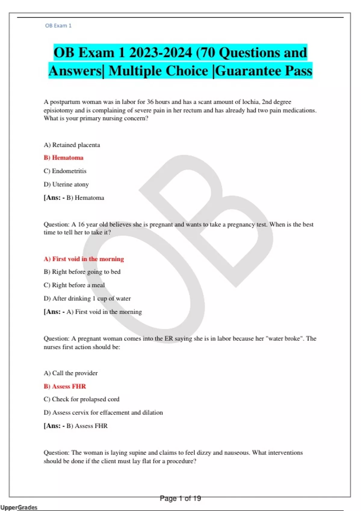 OB Exam (70 Questions and Answers| Multiple Choice |Guarantee Pass - OB ...