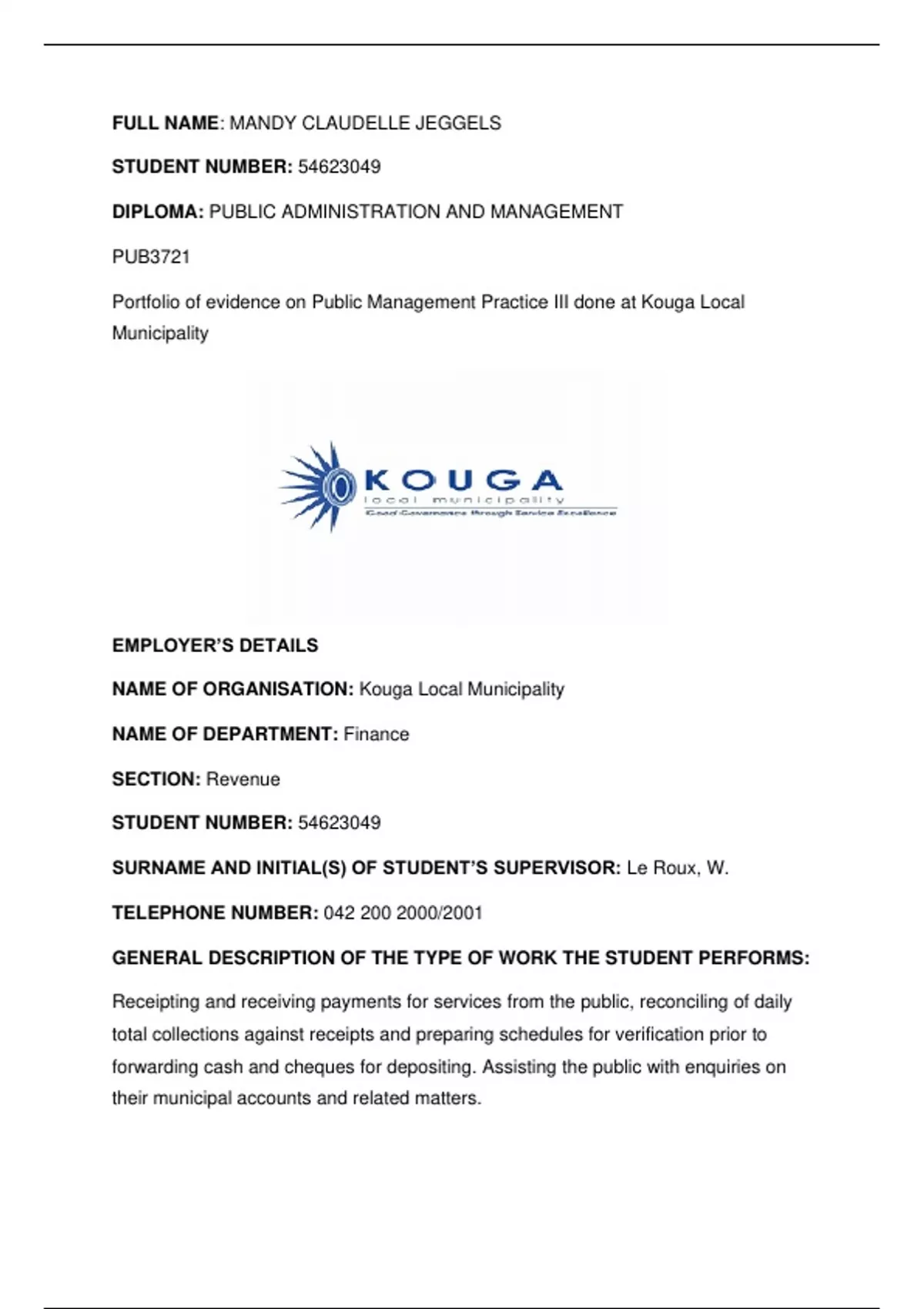 Public Management Practice III Portfolio of Evidence 2019 Passed 91% ...