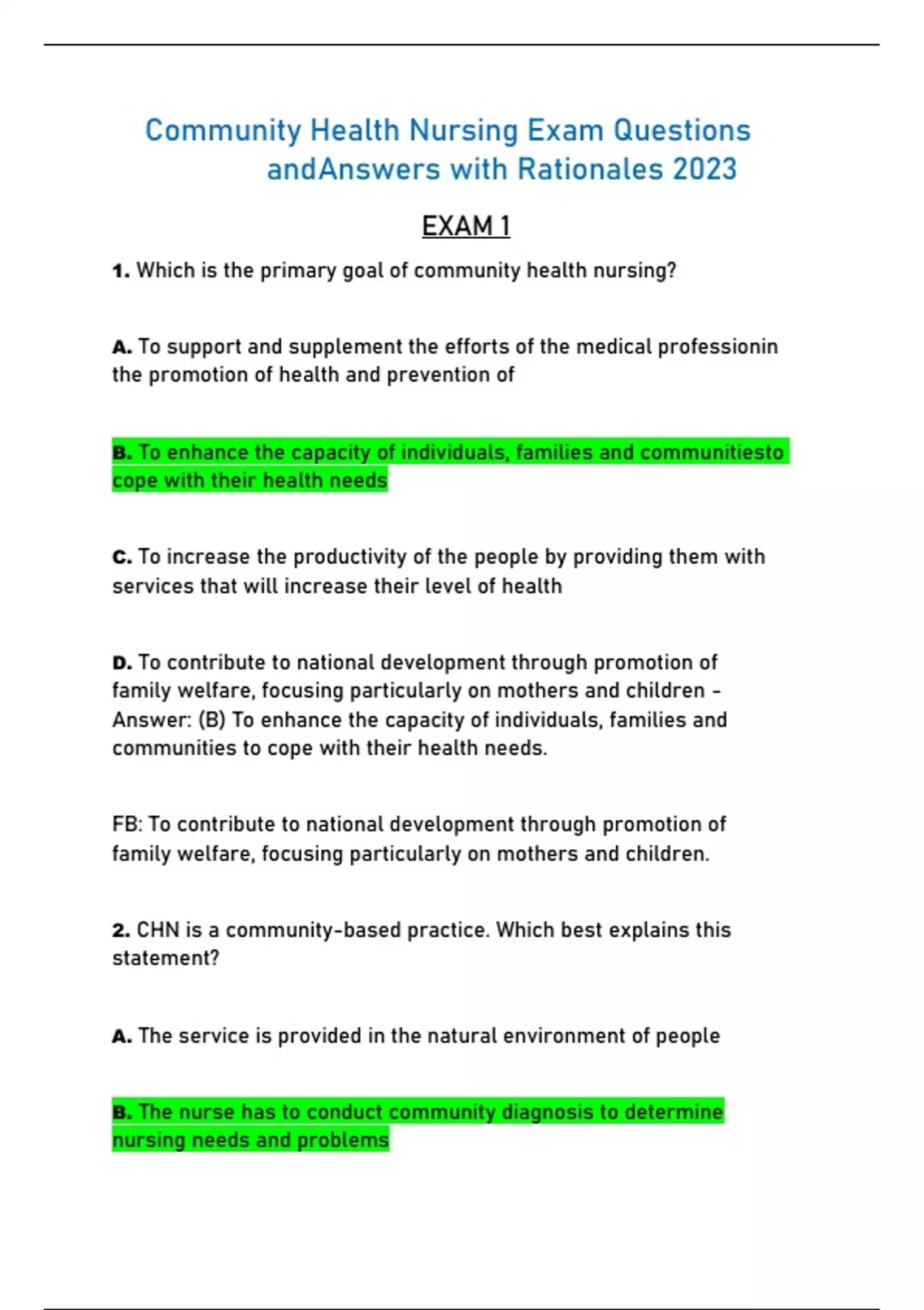 Community Health Nursing Exam Questions and Answers with Rationales ...