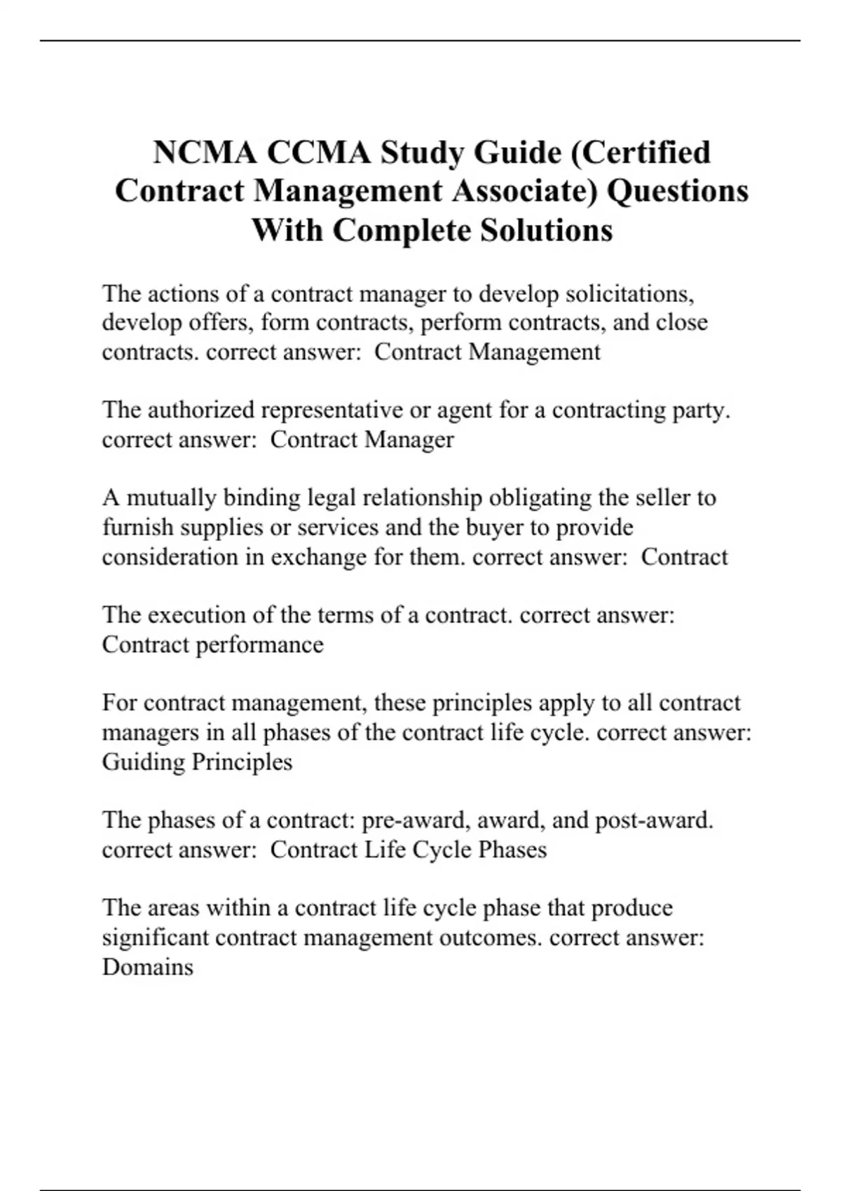 NCMA CCMA Study Guide (Certified Contract Management Associate) Questions With Complete ...