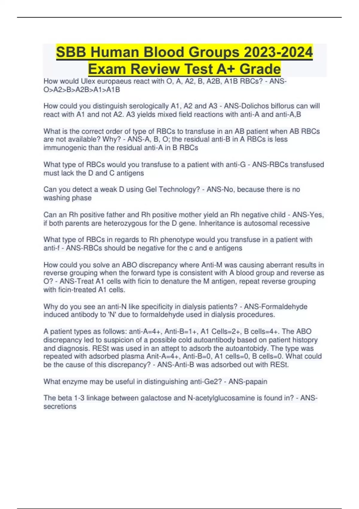 SBB Human Blood Groups Exam Review Test A+ Grade, SBB STUDY SET 2 Exam ...