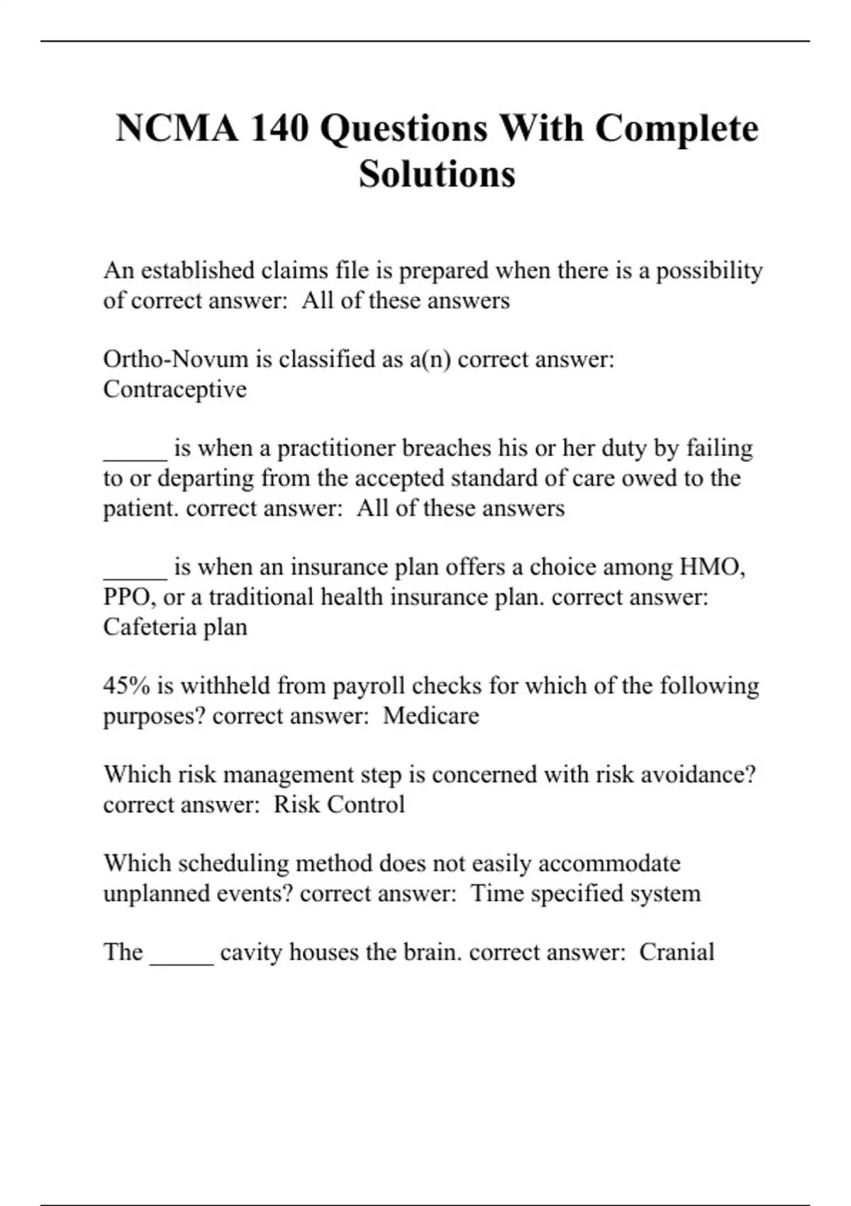 NCMA 140 Questions With Complete Solutions - NCMA - Stuvia UK