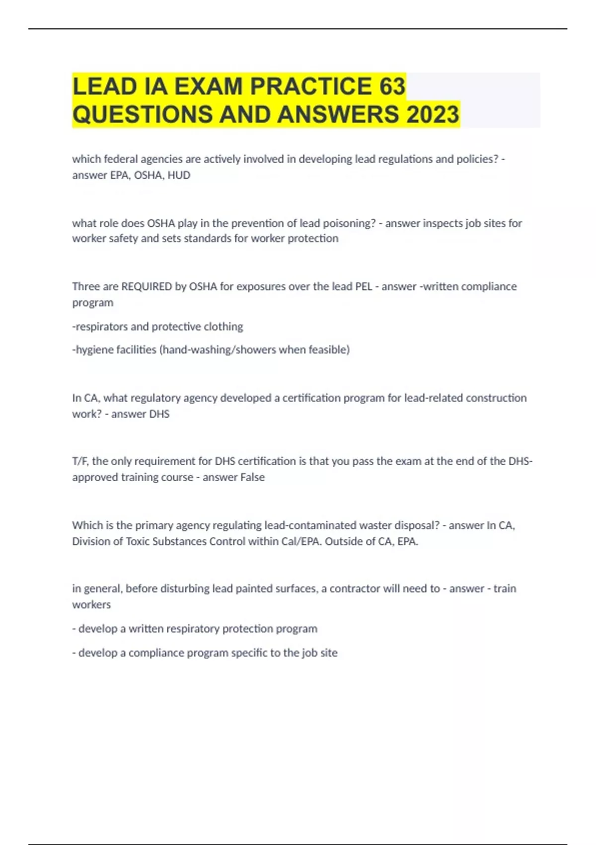 LEAD IA EXAM PRACTICE |63 QUESTIONS AND ANSWERS 2023. - EPA Lead Risk Assessor - Stuvia US