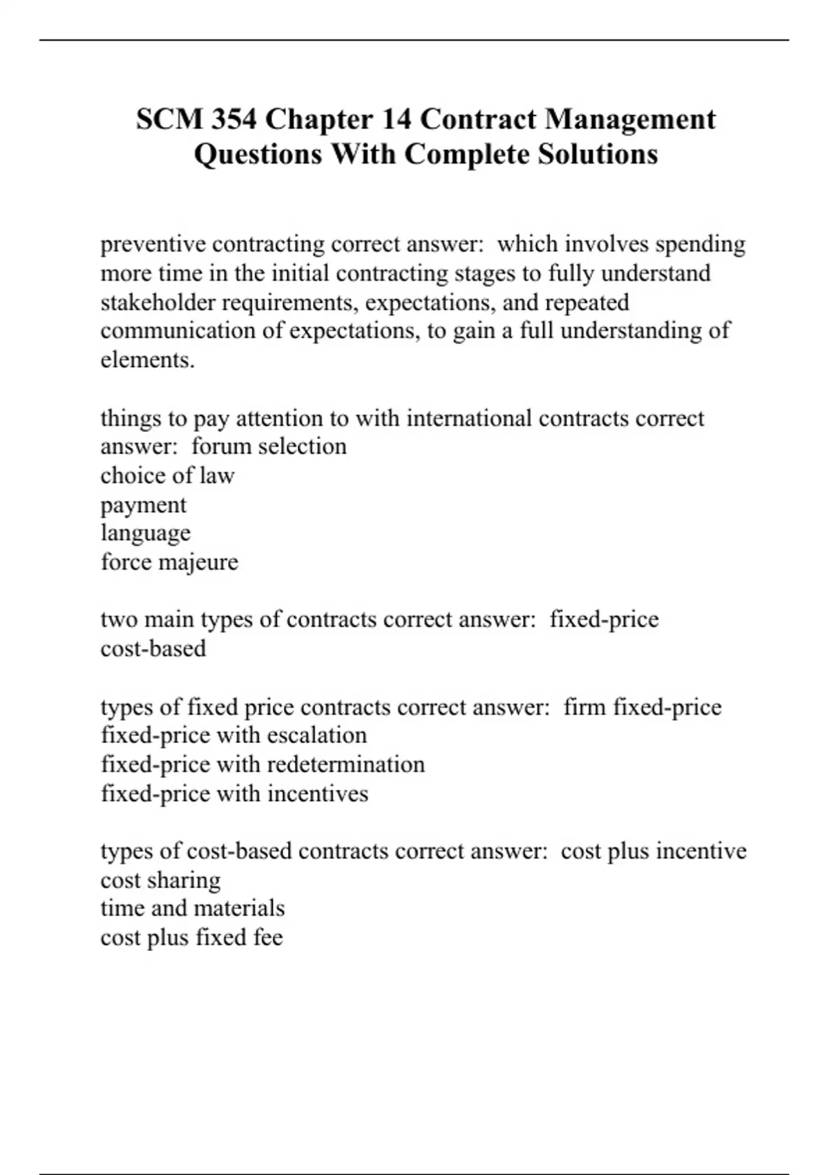 SCM 354 Chapter 14 Contract Management Questions With Complete ...