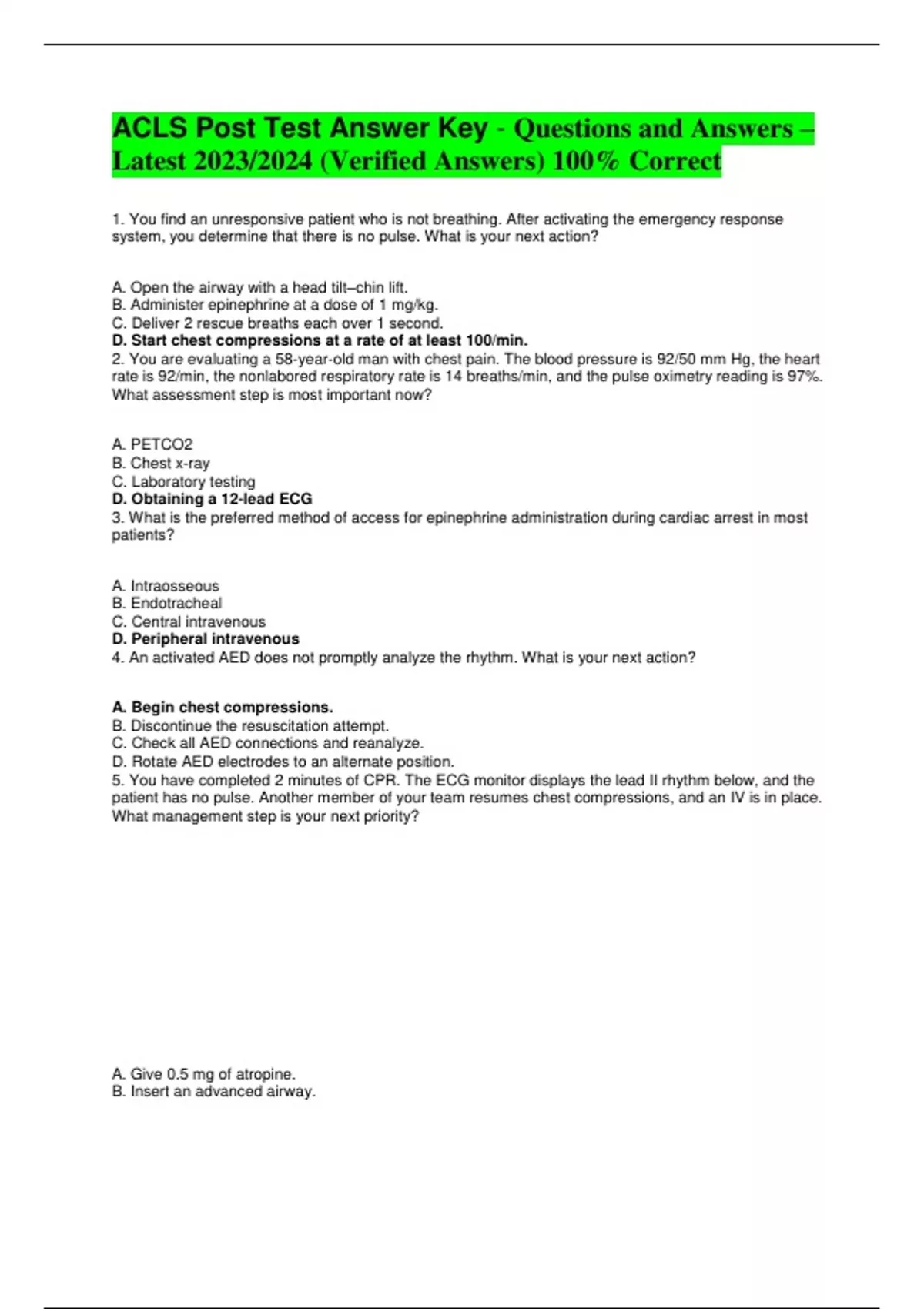 ACLS Post Test Answer Key Questions And Answers Latest 2023 2024