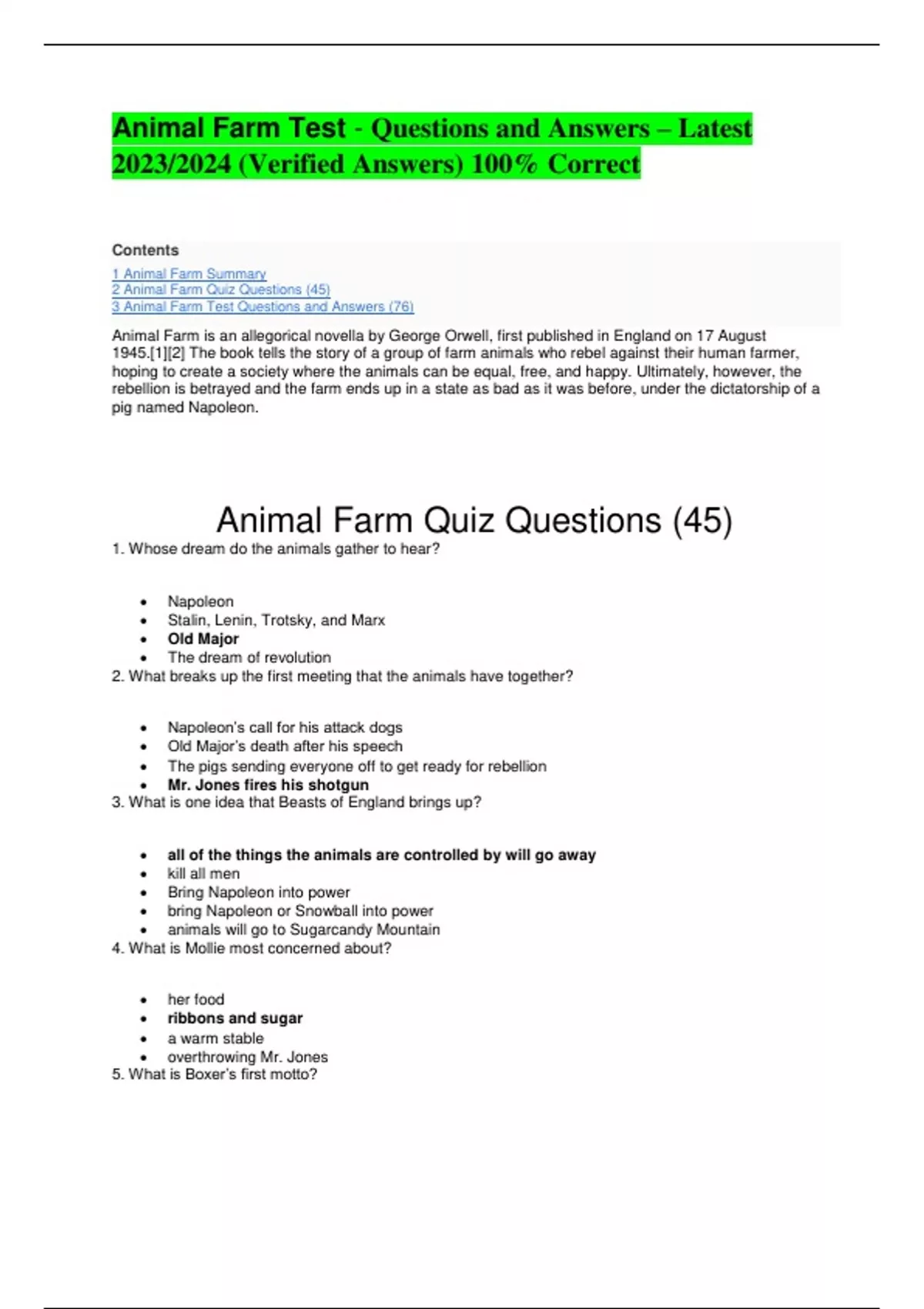 Animal Farm Test - Questions and Answers – Latest 2023/2024 (Verified ...