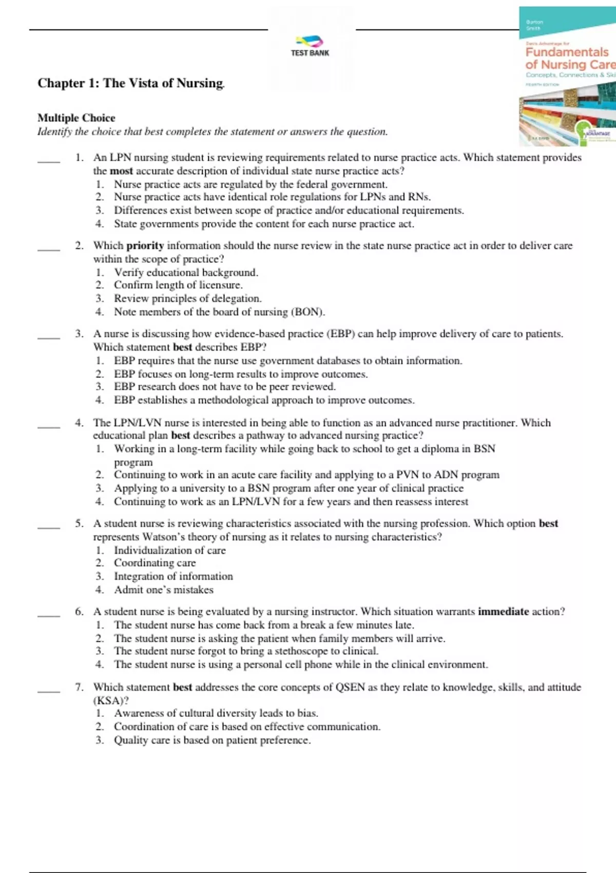 Test Bank for Davis Advantage for Fundamentals of Nursing Care ...