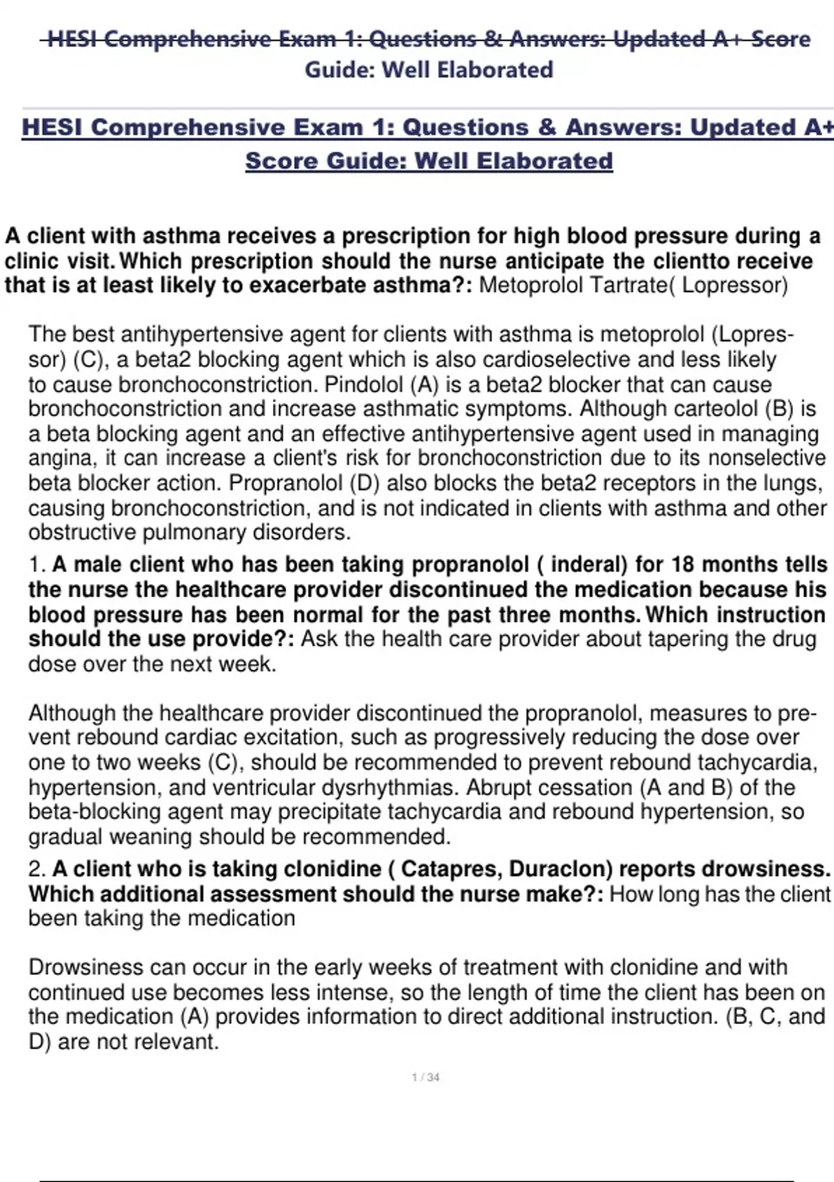 HESI Comprehensive Exam 1: Questions & Answers: Updated A+ Score Guide ...