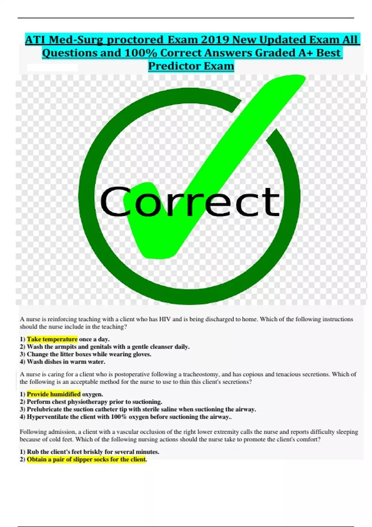 ATI RN ADULT MEDICAL SURGICALPROCTORED EXAM 2019 Updated New Latest ...