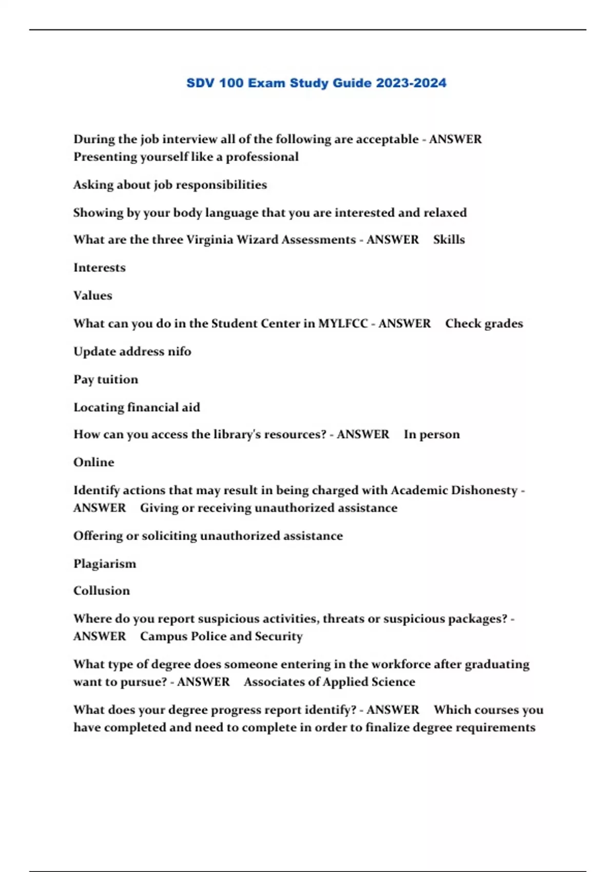 SDV 100 Exam Study Guide - SDV 100 - Stuvia US