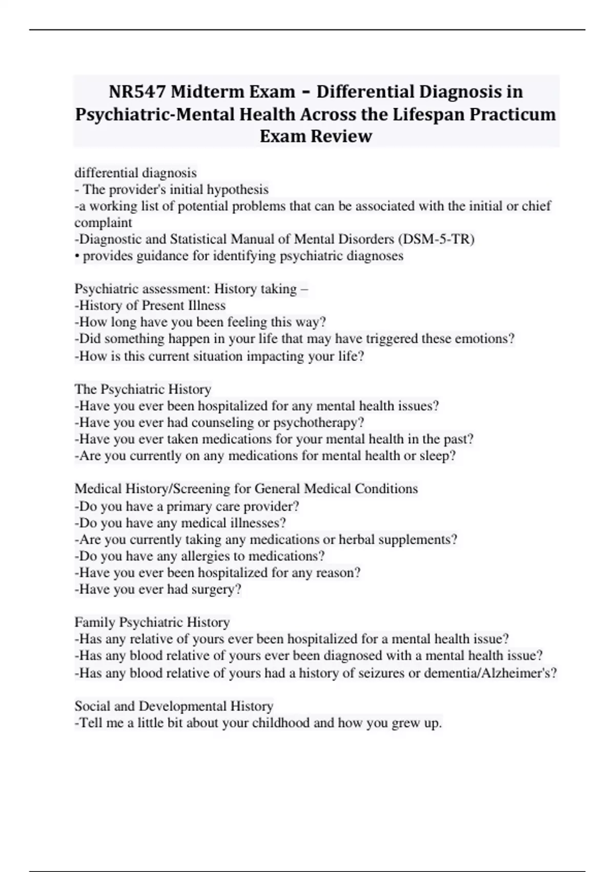 Mental Health Differential Diagnosis