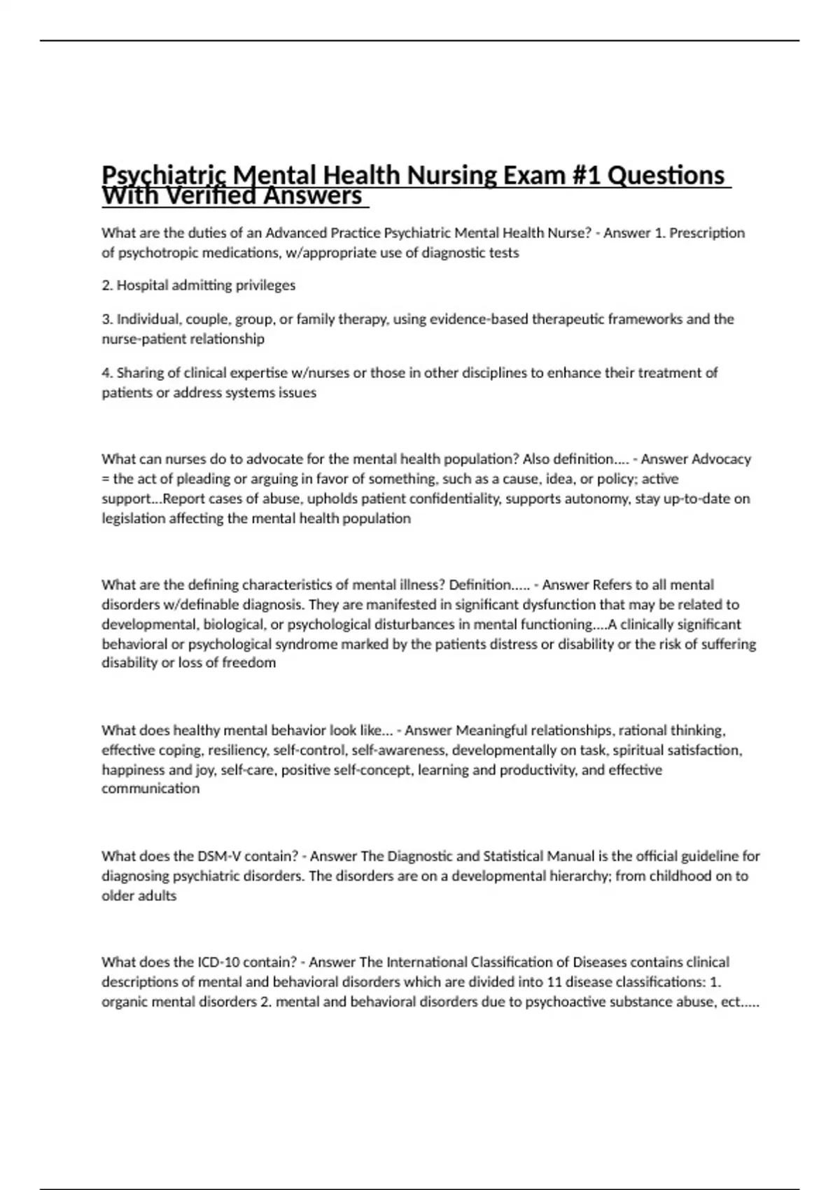 Psychiatric Mental Health Nursing Exam #1 Questions With Verified ...