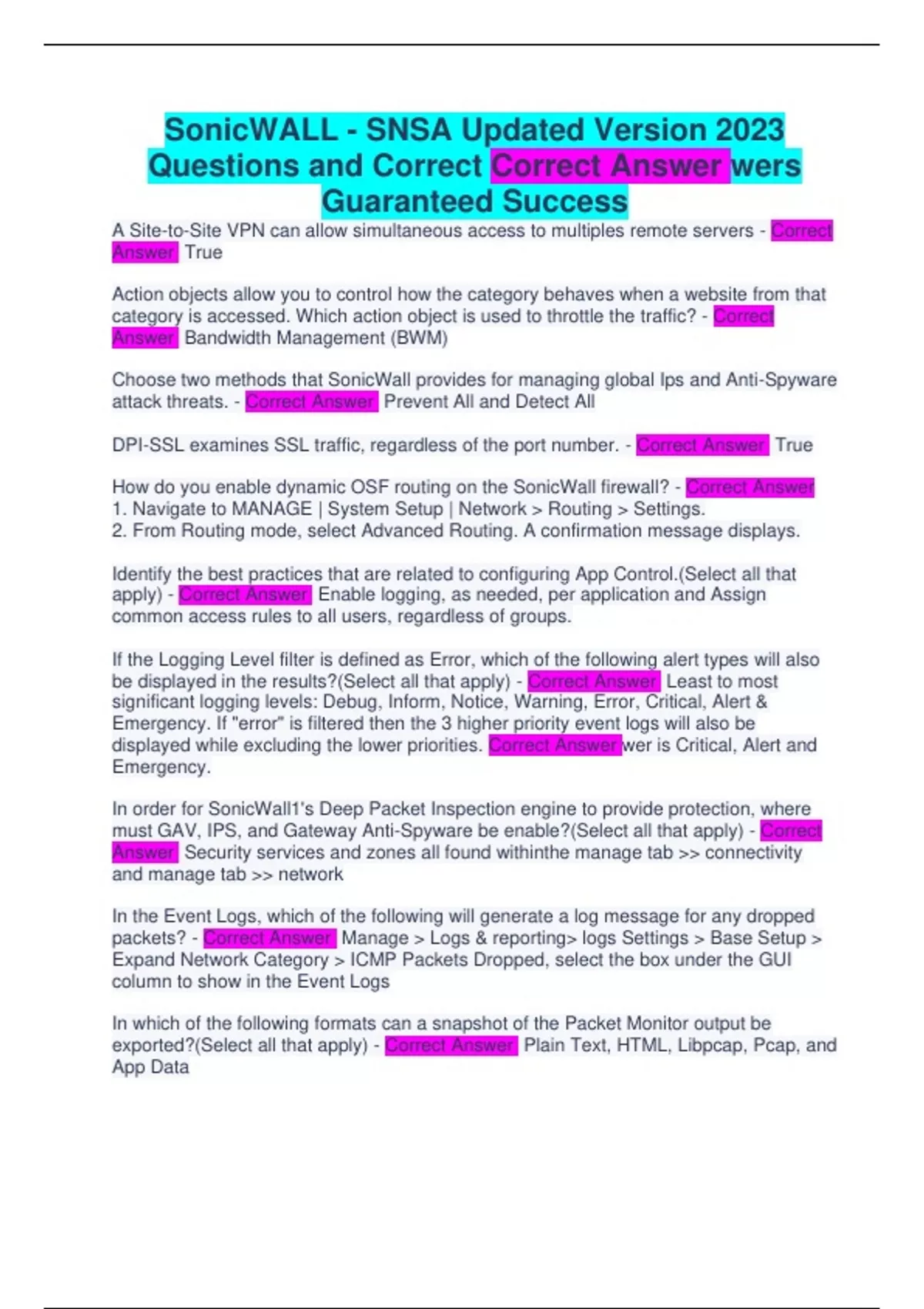 SonicWALL - SNSA Updated Version 2023 Questions and Correct Answers Guaranteed Success ...