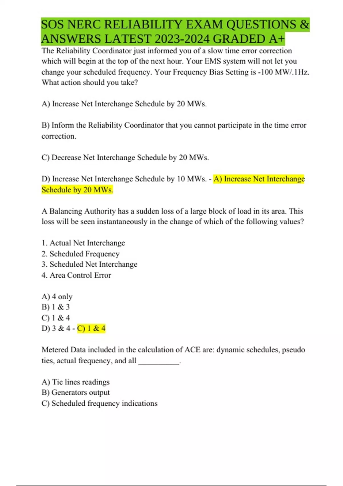 SOS NERC RELIABILITY EXAM QUESTIONS WITH ANSWERS LATEST - SOS NERC ...