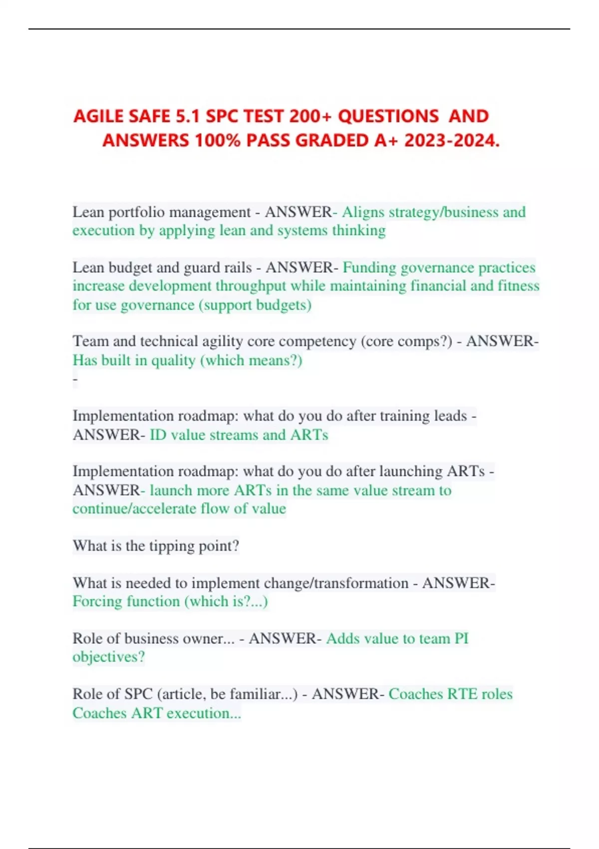 Agile Safe 5 1 Spc Test 200 Questions And Answers 100 Pass Graded A Agile Safe 5 1