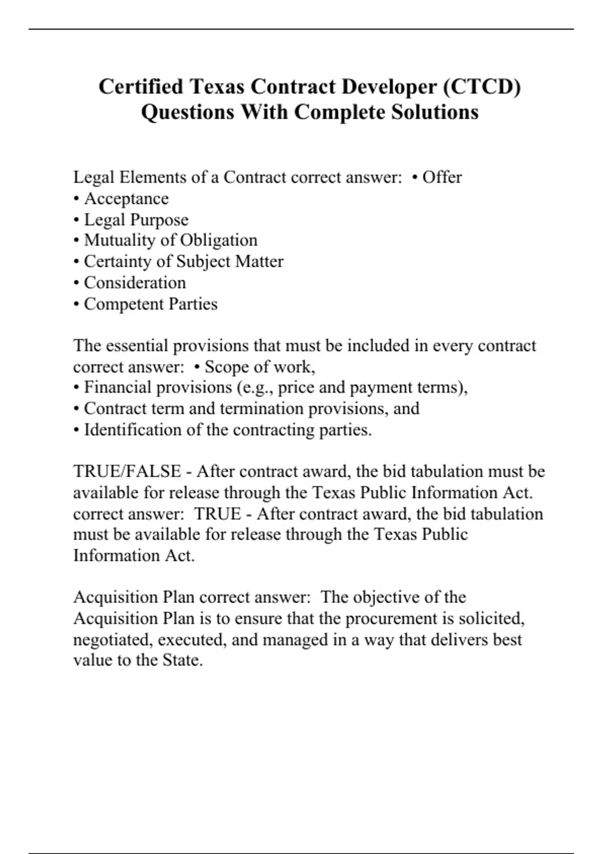 Certified Texas Contract Developer (CTCD) Questions With Complete ...