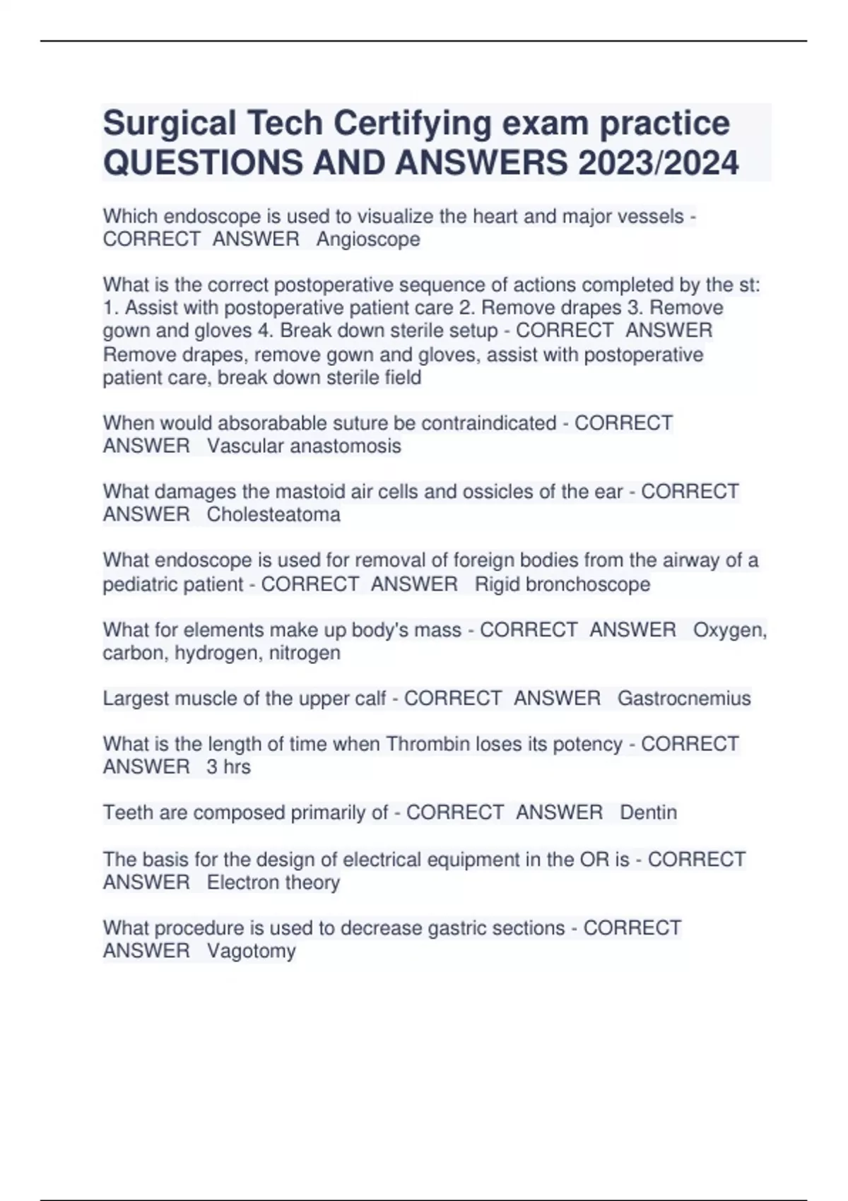 Surgical Tech Certifying exam practice QUESTIONS AND ANSWERS 2023/2024 ...