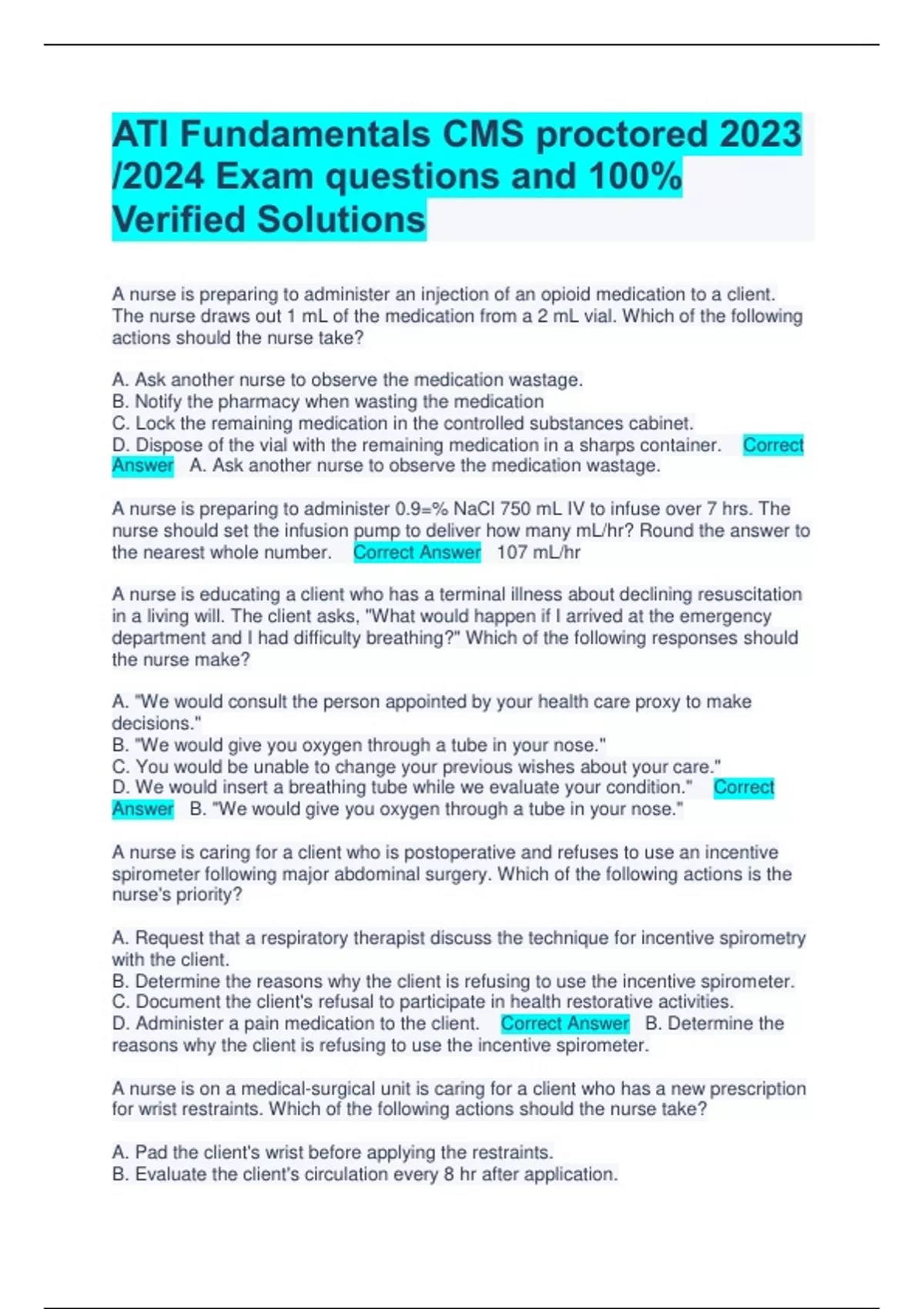 ATI Fundamentals CMS proctored 2023 /2024 Exam questions and 100% ...