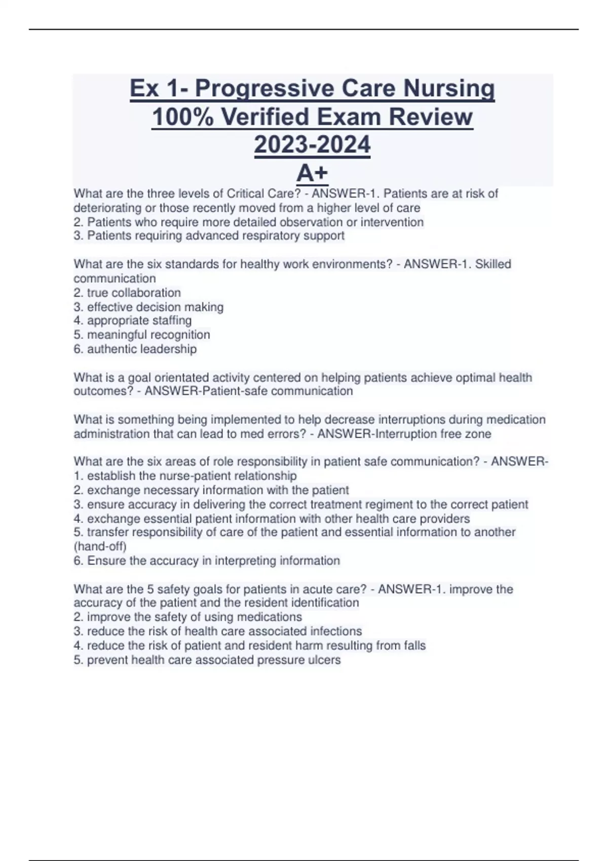 Ex 1- Progressive Care Nursing 100% Verified Exam Review A+ - Ex 1 ...