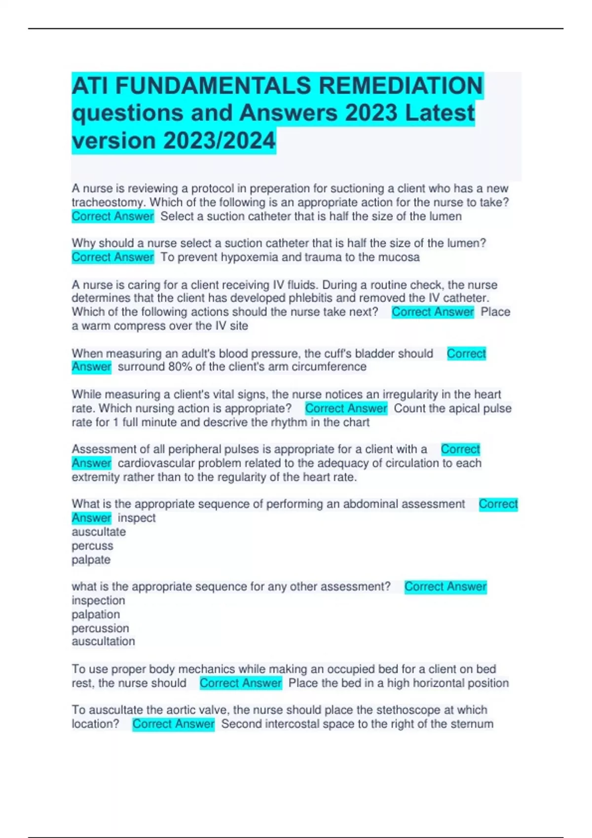 ATI FUNDAMENTALS REMEDIATION questions and Answers 2023 Latest version ...