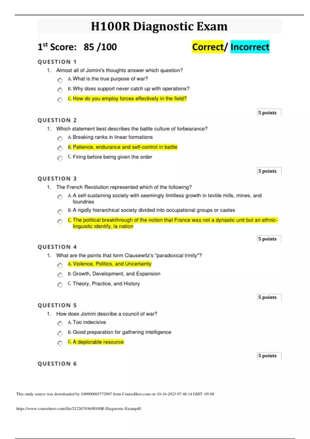 MILITARY CGSC H100R Diagnostic Exam Questions and Answers 2023 - MILITARY CGSC H100R - Stuvia US