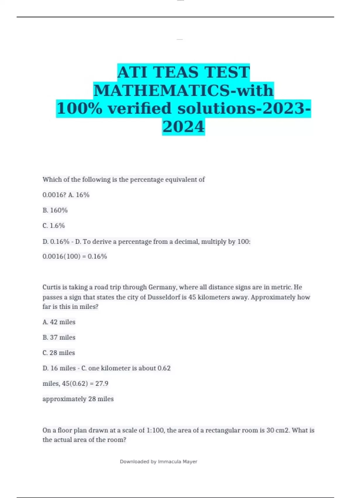 ATI TEAS TEST MATHEMATICS-with 100% verified solutions- - ATI Teas ...