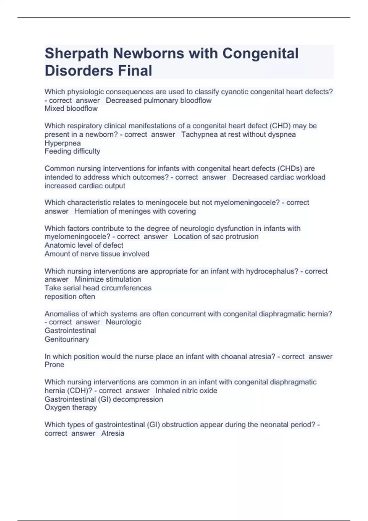 Sherpath Newborns with Congenital Disorders Final Questions with ...