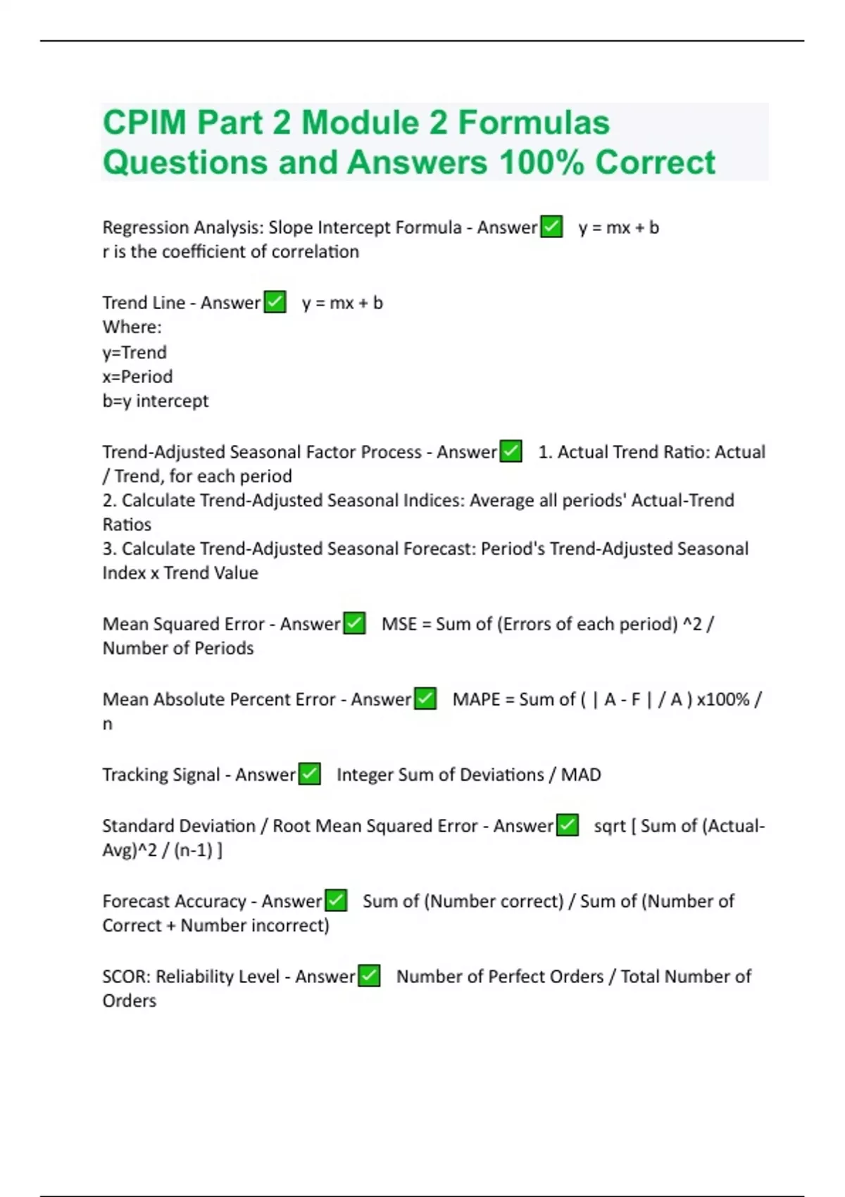 CPIM Part 2 Module 2 Formulas Questions and Answers 100% Correct - CPIM - Certified in ...