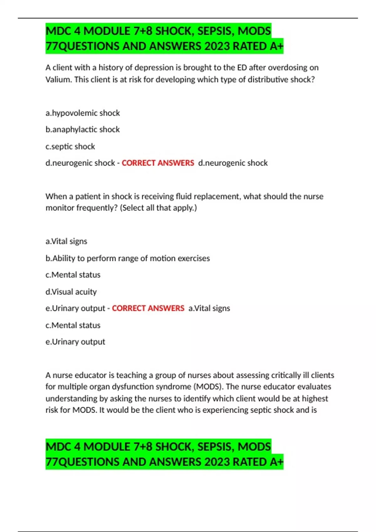 MDC 4 MODULE 7+8 SHOCK, SEPSIS, MODS 77QUESTIONS AND ANSWERS 2023 RATED A+ - MDC 4 MODULE 7+8 ...