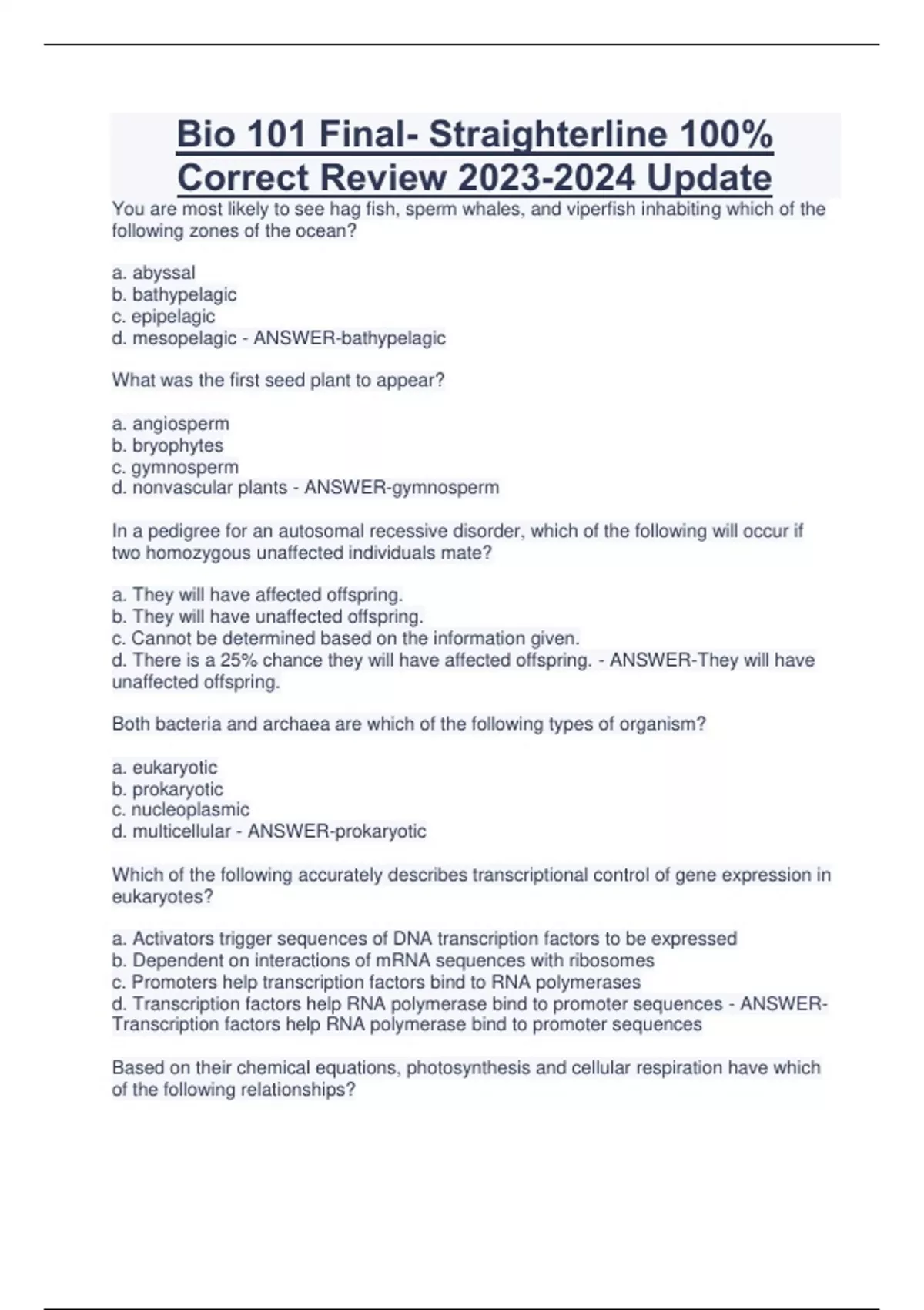 Bio 101 Final- Straighterline 100% Correct Review Update - Bio 101 Fina- Straighterline 100% ...