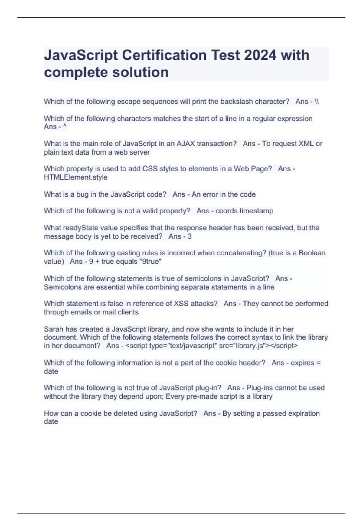 JavaScript Certification Test 2024 with complete solution - JavaScript ...