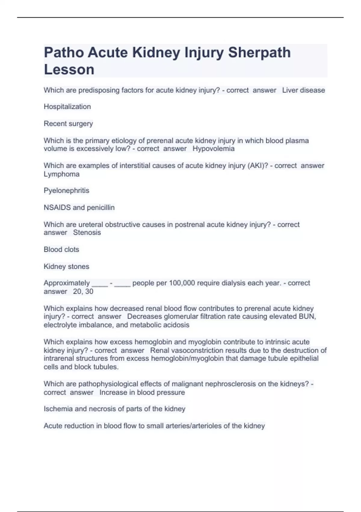 Patho Acute Kidney Injury Sherpath Lesson Questions with complete ...