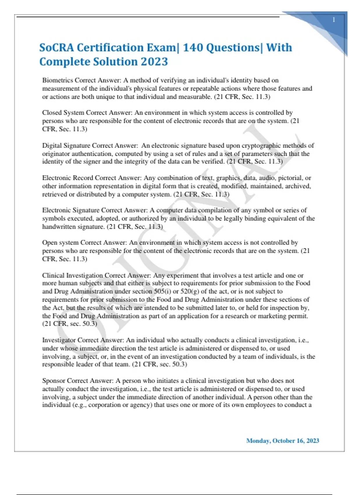 SoCRA Certification Exam| 140 Questions| With Complete Solution 2023 ...