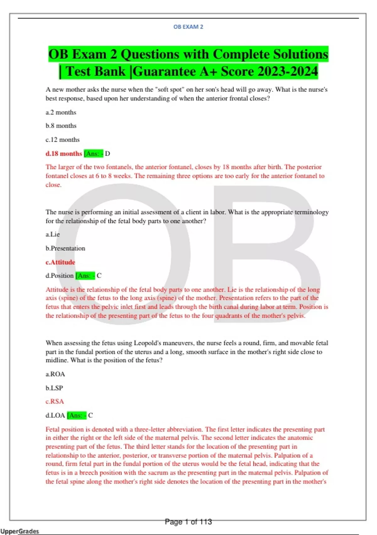 OB Exam 2 Questions with Complete Solutions | Test Bank |Guarantee A+ ...