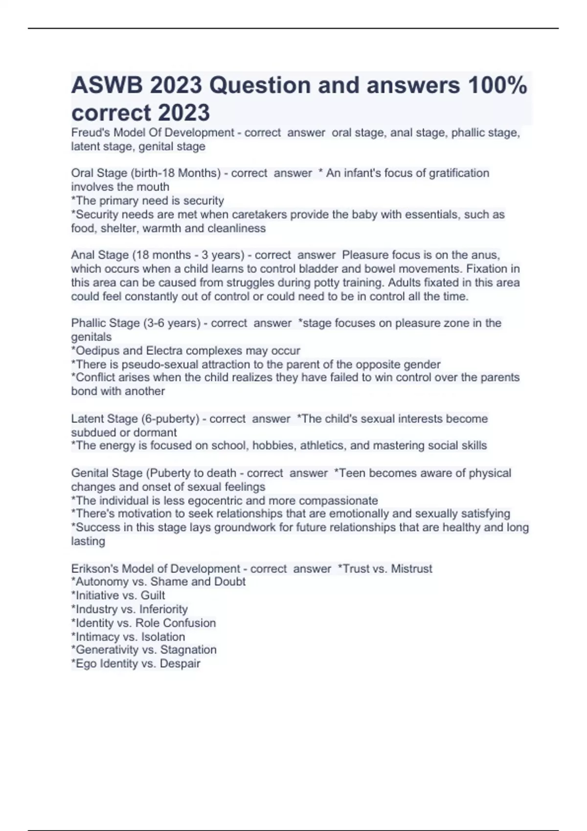 ASWB 2023 Question and answers 100% correct 2023 - ASWB - Stuvia US