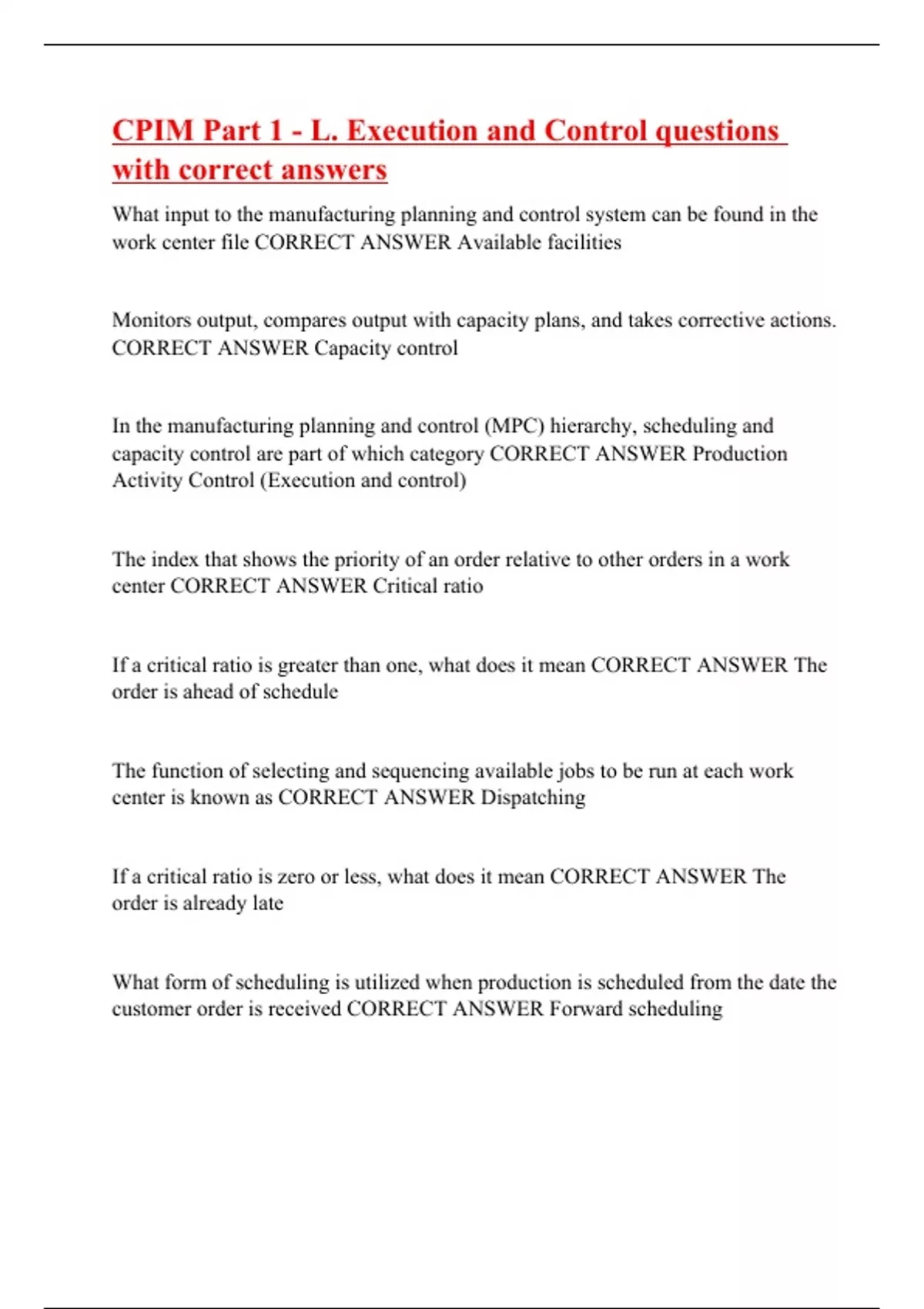 CPIM Part 1 - L. Execution and Control questions with correct answers ...