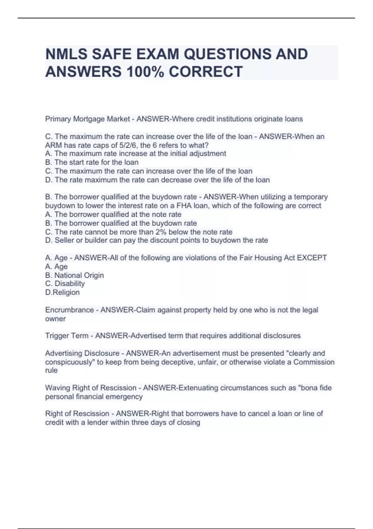 NMLS SAFE EXAM QUESTIONS AND ANSWERS 100% CORRECT - NMLS - Stuvia US