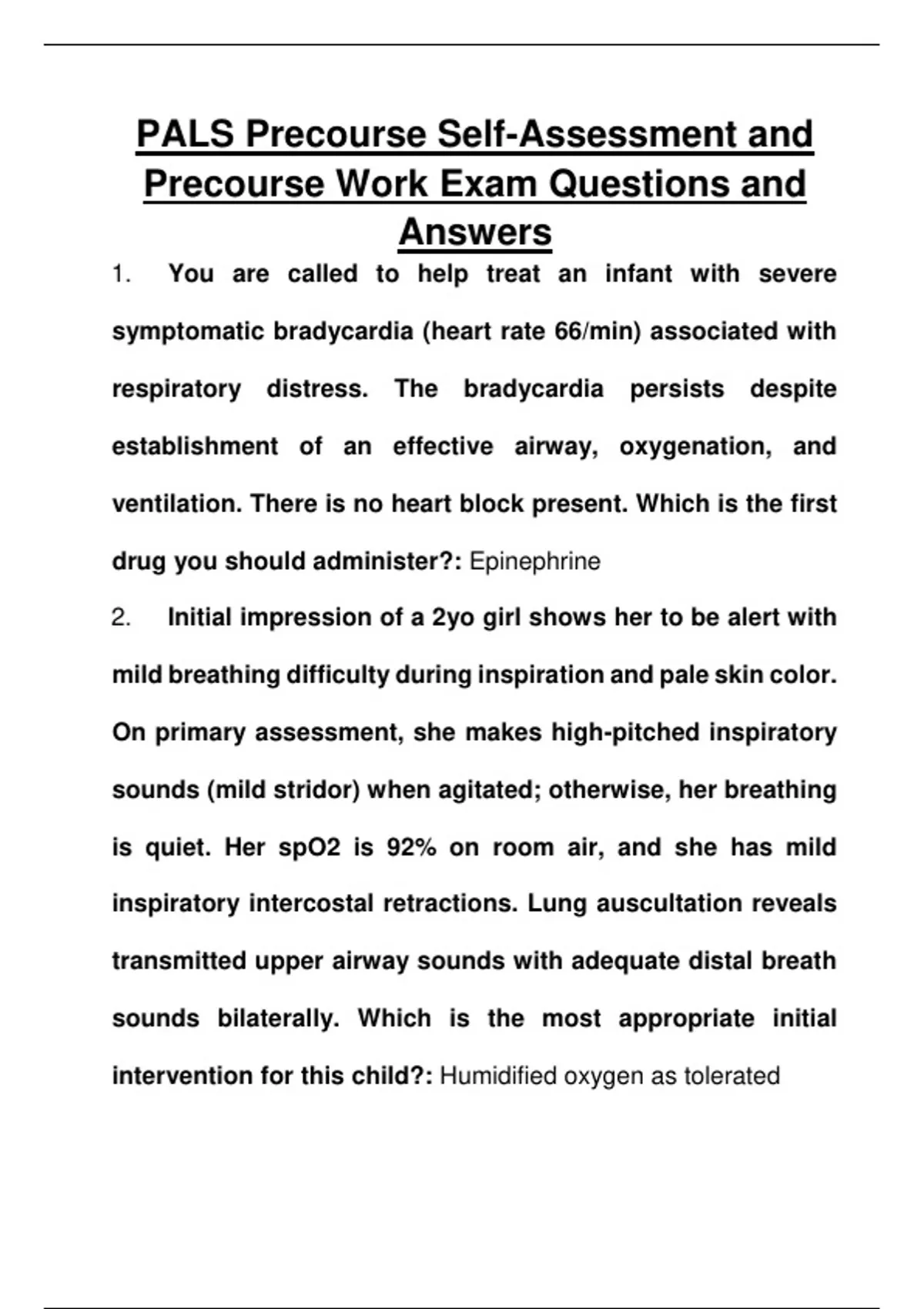 PALS Precourse Self-Assessment and Precourse Work Exam Questions and Answers 2023 - FAAN ...
