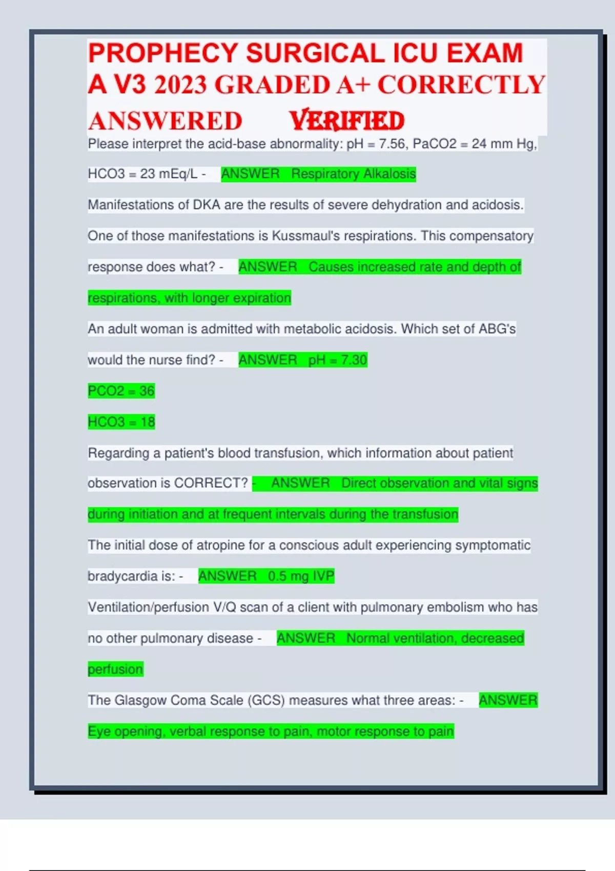 PROPHECY SURGICAL ICU EXAM A V3 2023 GRADED A+ and Passed - Prophecy General ICU RN - Stuvia US