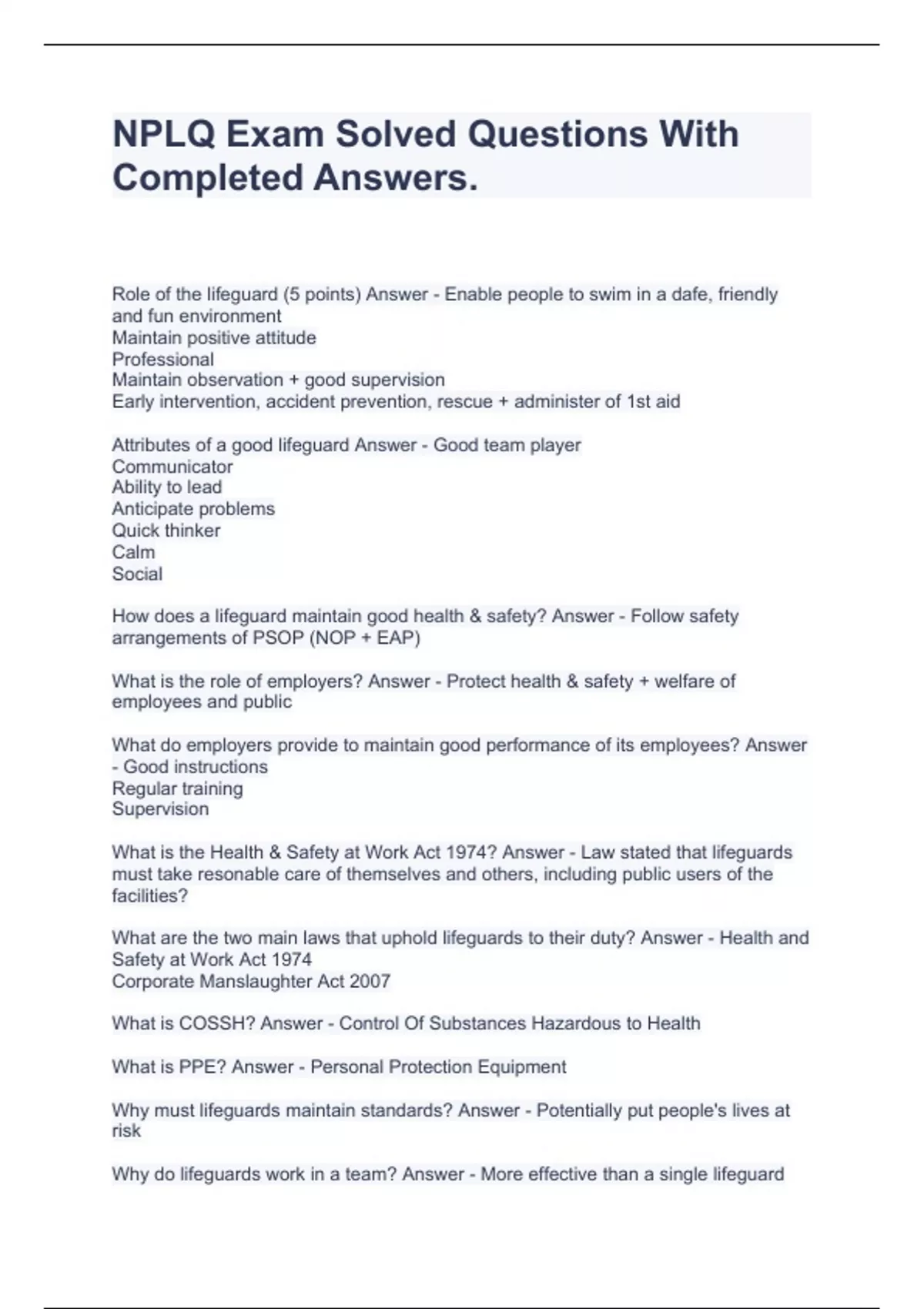 NPLQ Exam Solved Questions With Completed Answers. - NPLQ - Stuvia US