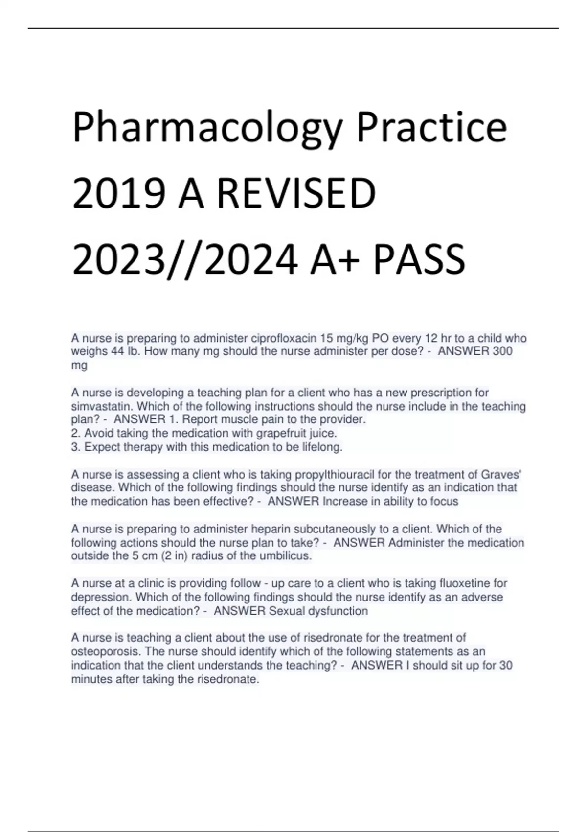 Pharmacology Practice 2019 A REVISED 2023//2024 A+ PASS - Pharmacology ...